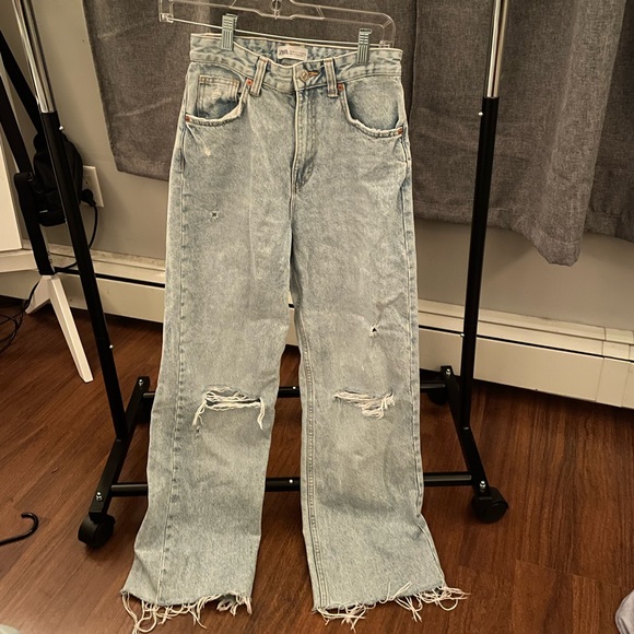 Zara | Jeans | Zara Wide Leg Denim Jeans With Rips In The Knees | Poshmark